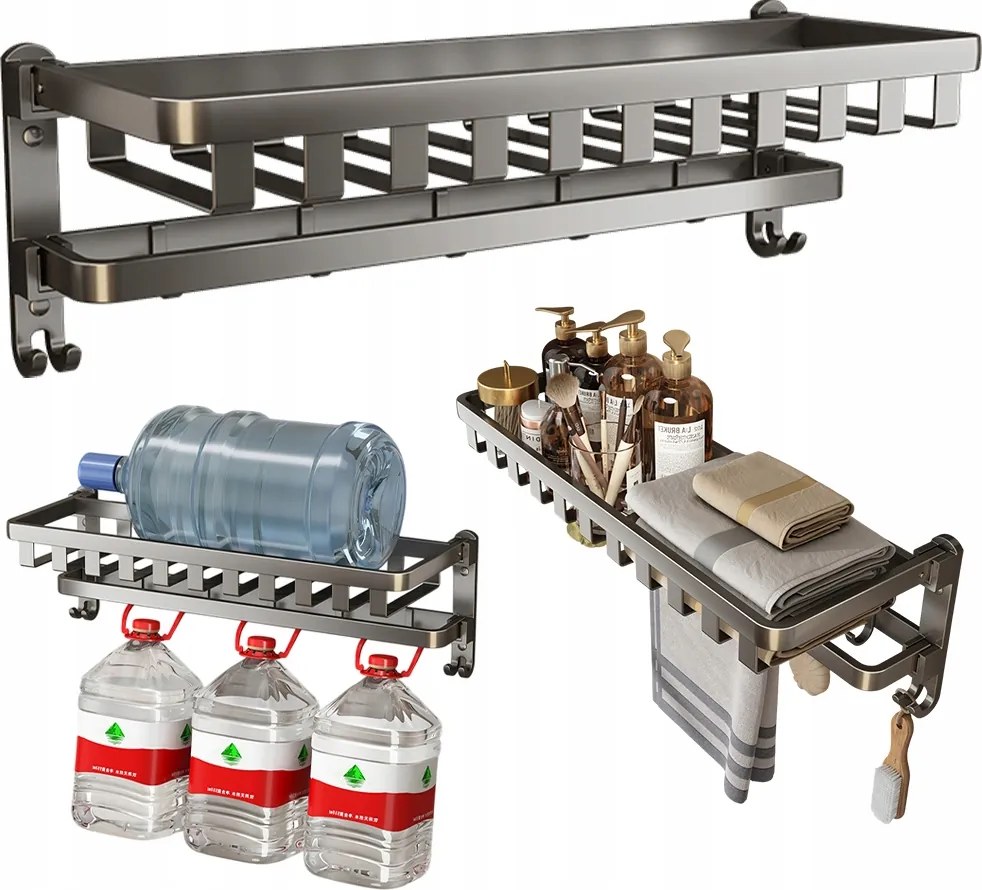 Odolná Kovová Koupelnová Polička 60 CM Se 7 Háčky Samolepicí K Zrcadlům