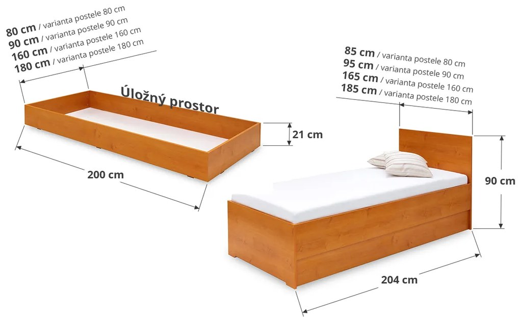 Nábytek Mikulík Retro postel DINO s úložným prostorem, 80×200 cm Dekor: Akácie světlá