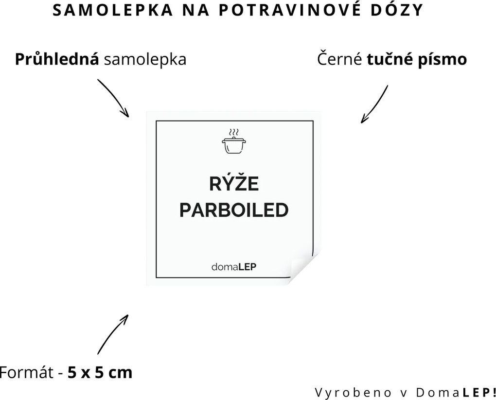 RÝŽE PARBOILED - omyvatelná samolepka na dózu, výběr rozměrů Ø 5 cm / 5 x 5 cm / 6 x 8 cm | DomaLEP tvar: ČTVEREC, barva: PRŮHLEDNÁ - ČERNÉ písmo, velikost: š. 5 cm x v. 5 cm - základní písmo