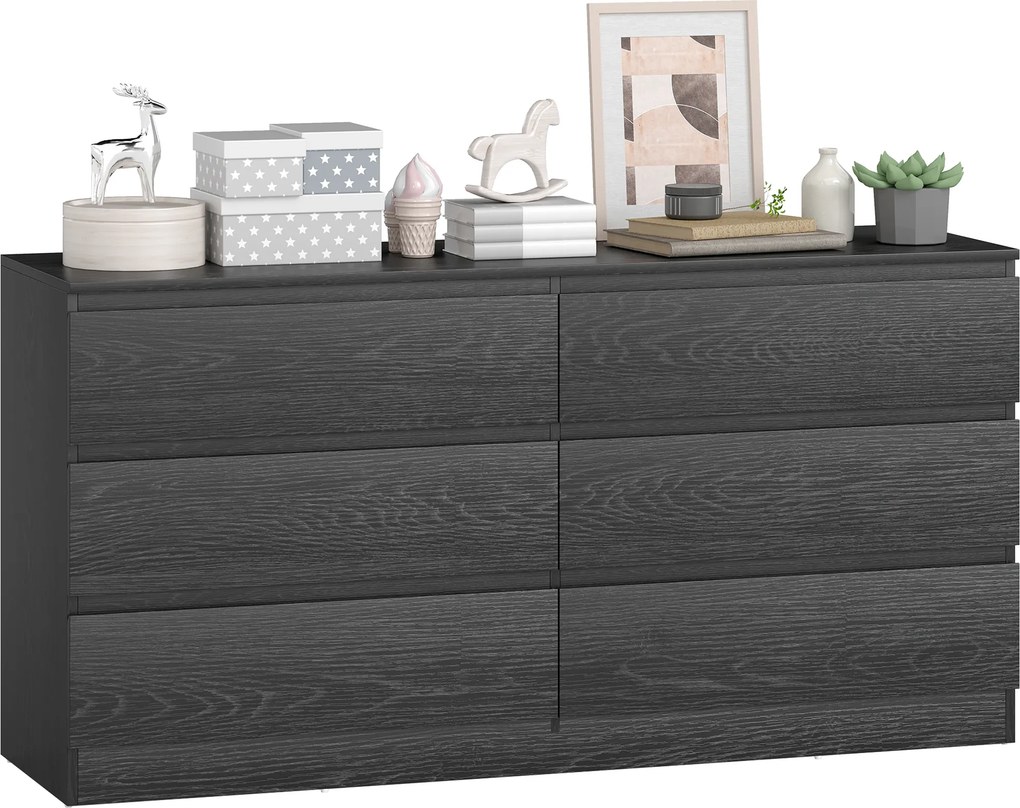 HOMCOM komoda do ložnice se 6 zásuvkami, zásuvková skříň do obývacího pokoje nebo kanceláře, moderní styl, 140x40x71 cm, černá s dřevěným dekorem