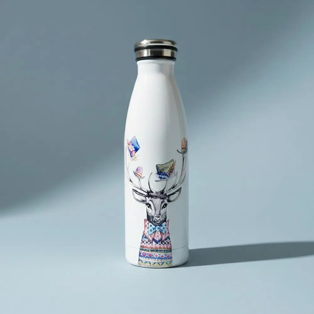 Nerezová termolahev Fešák jelen, 500 ml – bílá, matný povrch, s motivem jelena ve svetru a s klobouky