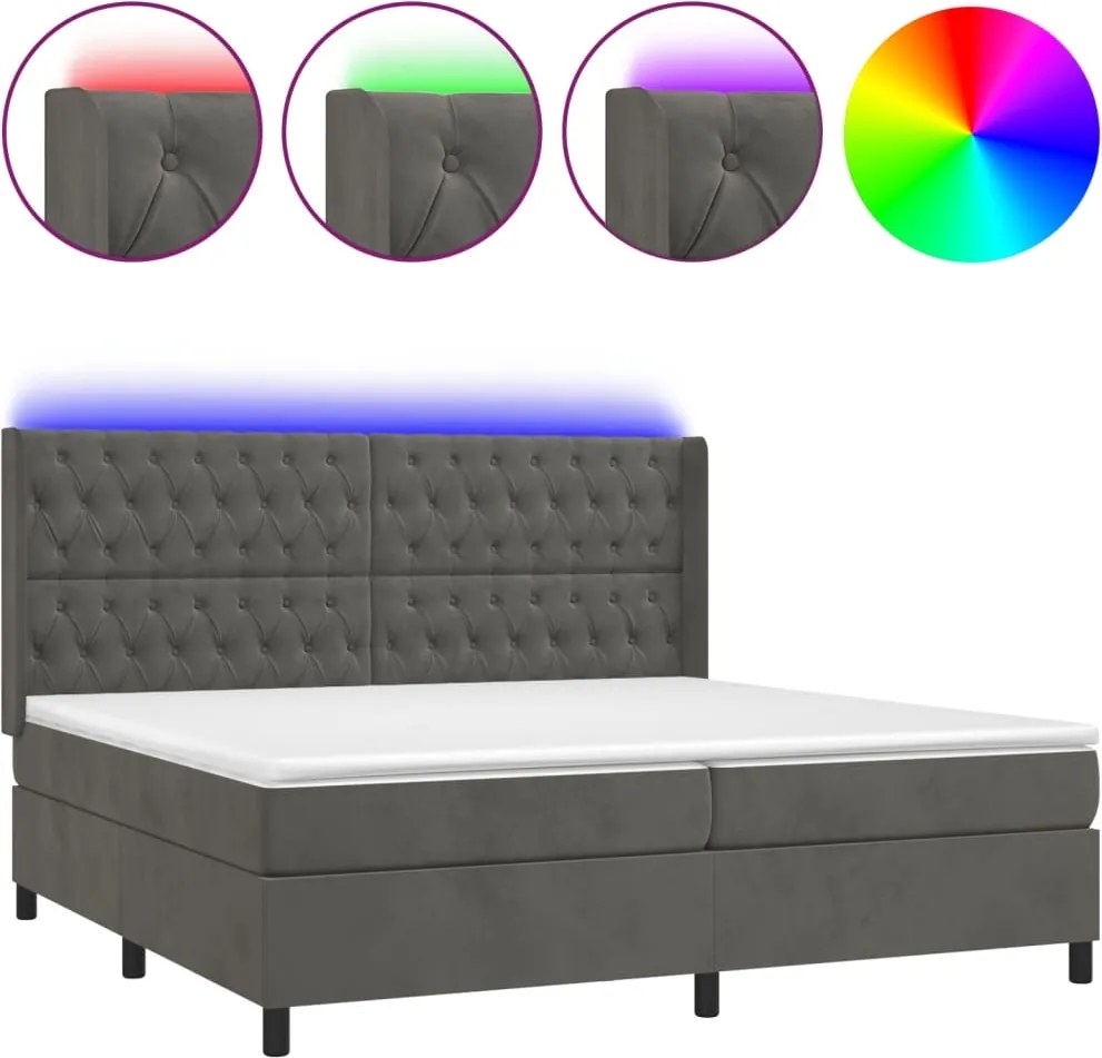 Box spring postel s matrací a LED tmavě šedá 200x200 cm samet 3139764