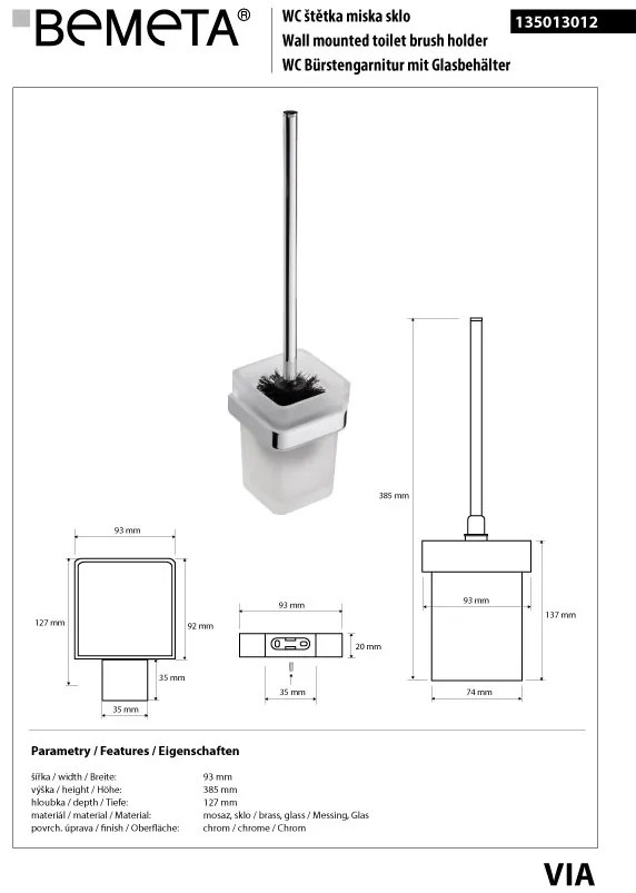 Bemeta Design VIA: WC štětka, na pověšení, sklo - 135013012