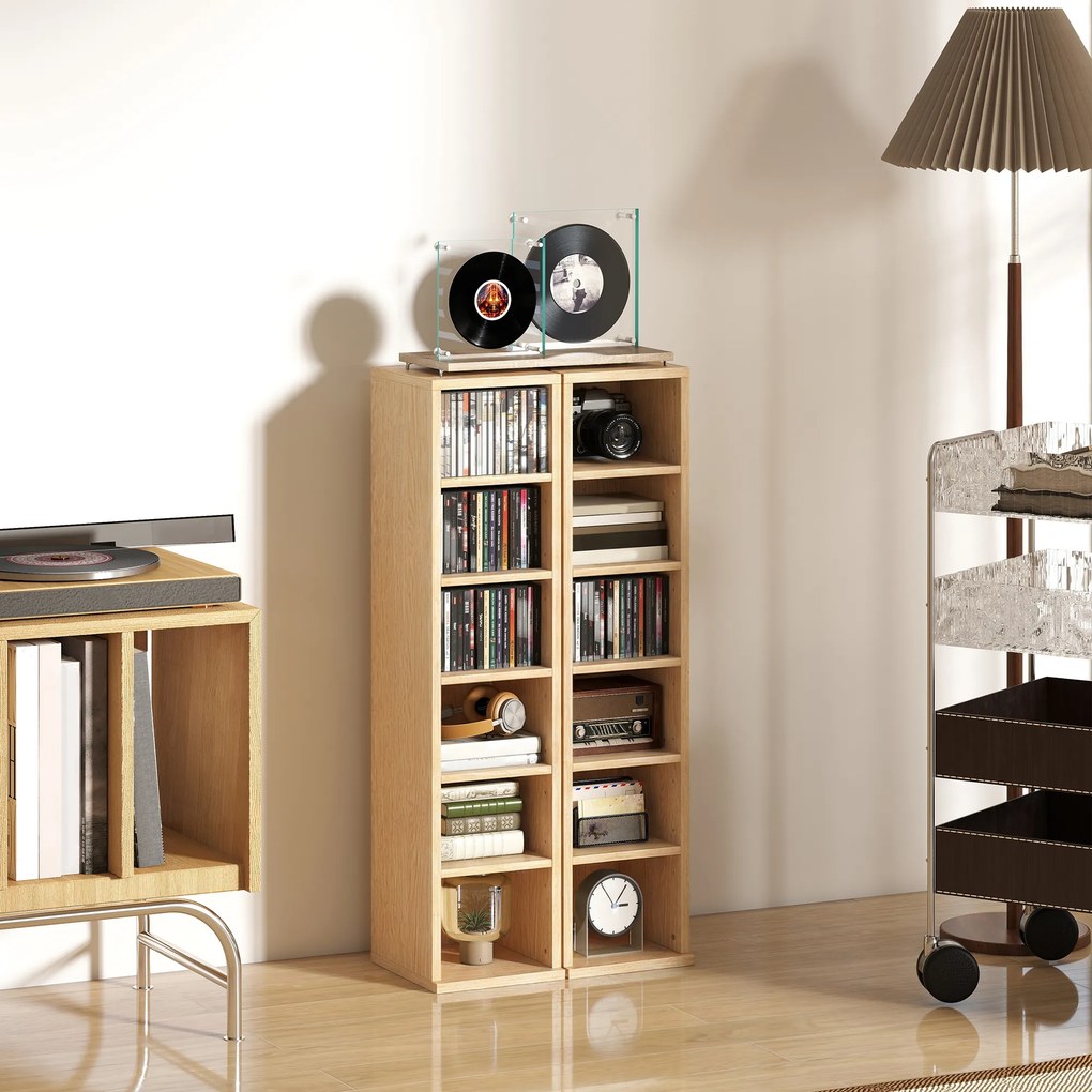 HOMCOM sada 2 sloupových regálů pro ukládání CD/DVD, 12 přihrádek, 21 x 22,5 x 88,5 cm, kapacita 204 CD, přírodní dřevěný vzhled