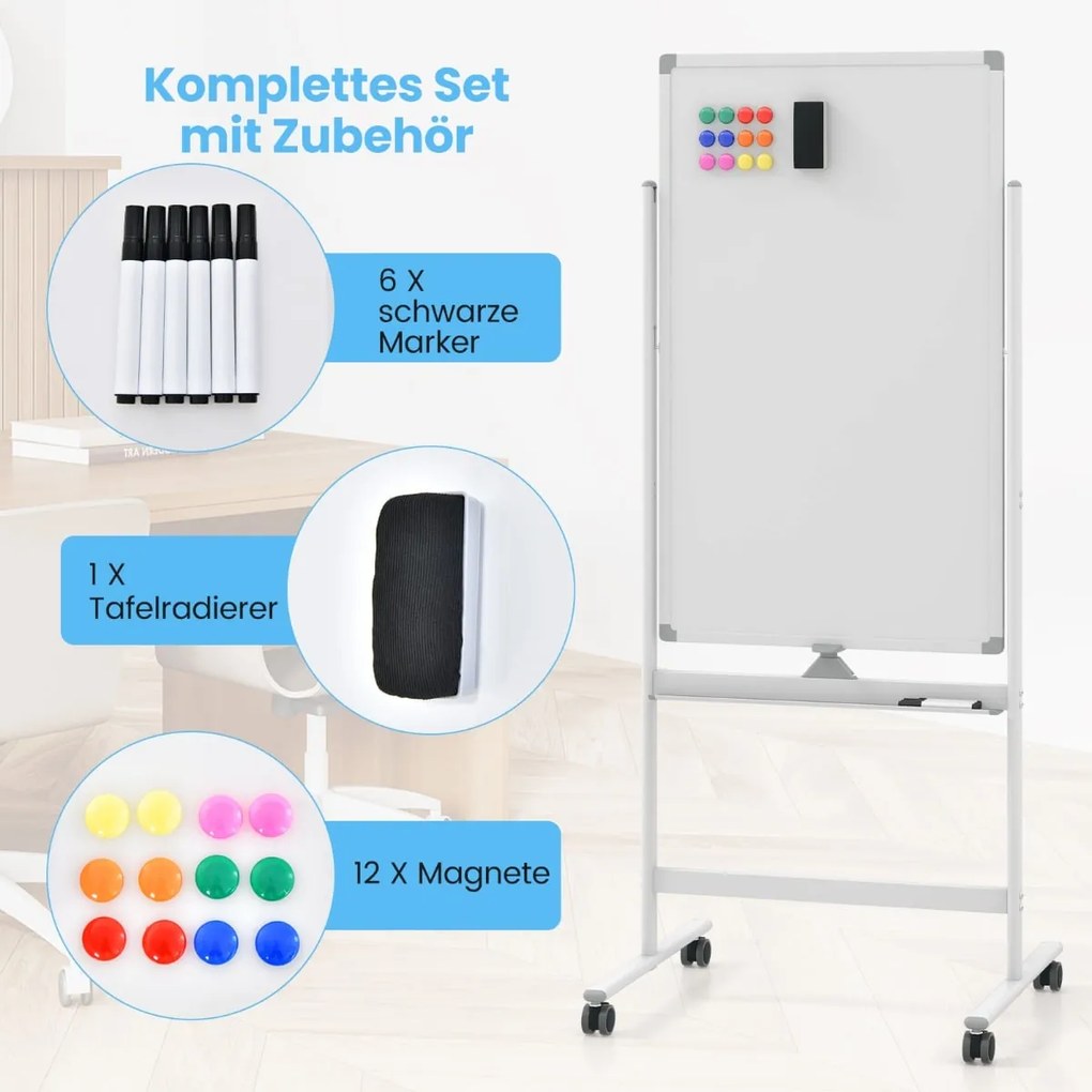 Costway Oboustranná magnetická tabule s kolečky, stojanem a – 60 × 100 cm