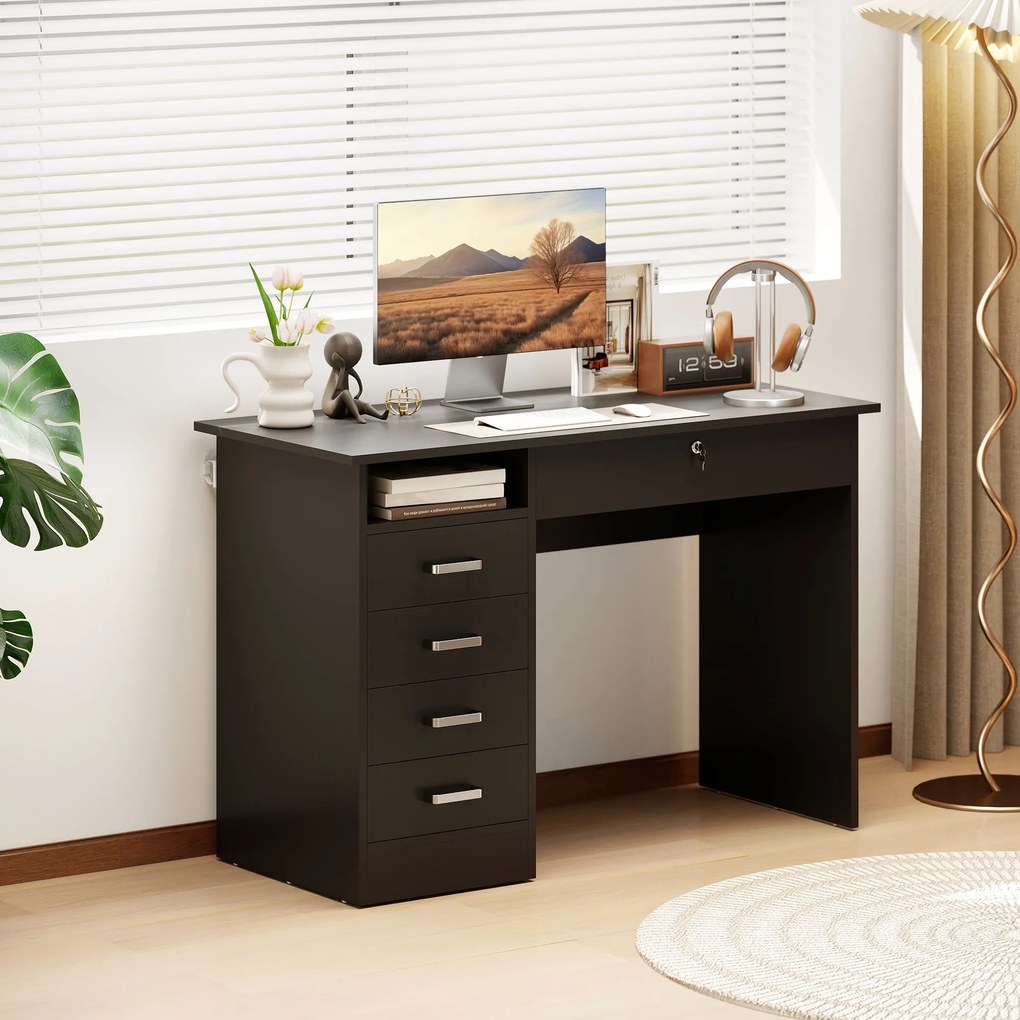 HOMCOM Moderní psací stůl s 5 zásuvkami, velkou pracovní plochou, 1 otevřenou přihrádkou, zamykatelnou zásuvkou, 110 x 50 x 76 cm, černý