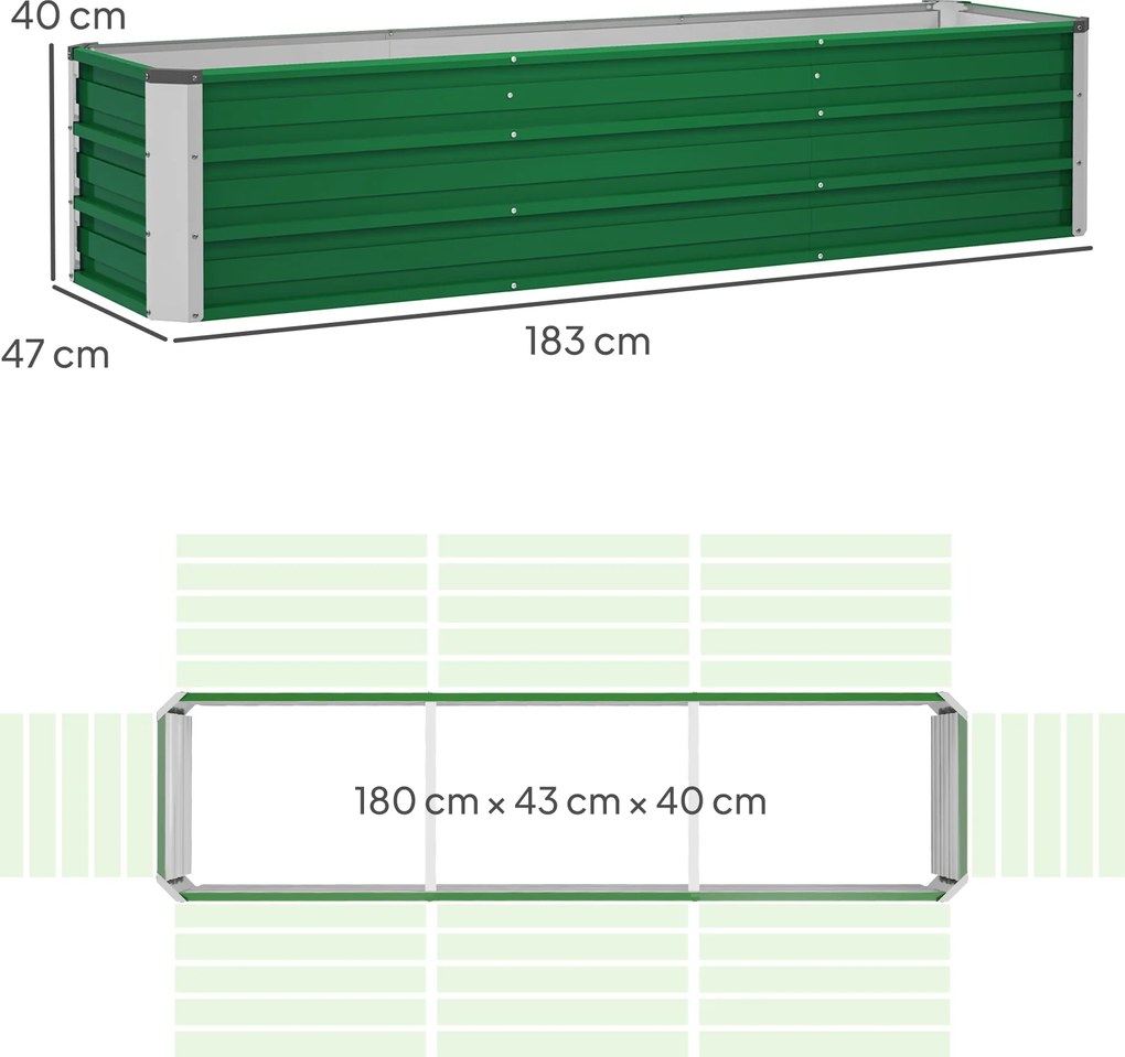 Outsunny vyvýšený ocelový zahradní truhlík na květiny 183 x 47 x 40 cm s rukavicemi v zelené barvě pro zeleninu a květiny |