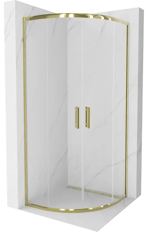 Mexen Rio, čtvrtkruhový sprchový kout s posuvnými dveřmi 90 (dveře) x 90 (dveře) x 190 cm, 5mm čiré sklo, zlatý profil, 863-090-090-50-00
