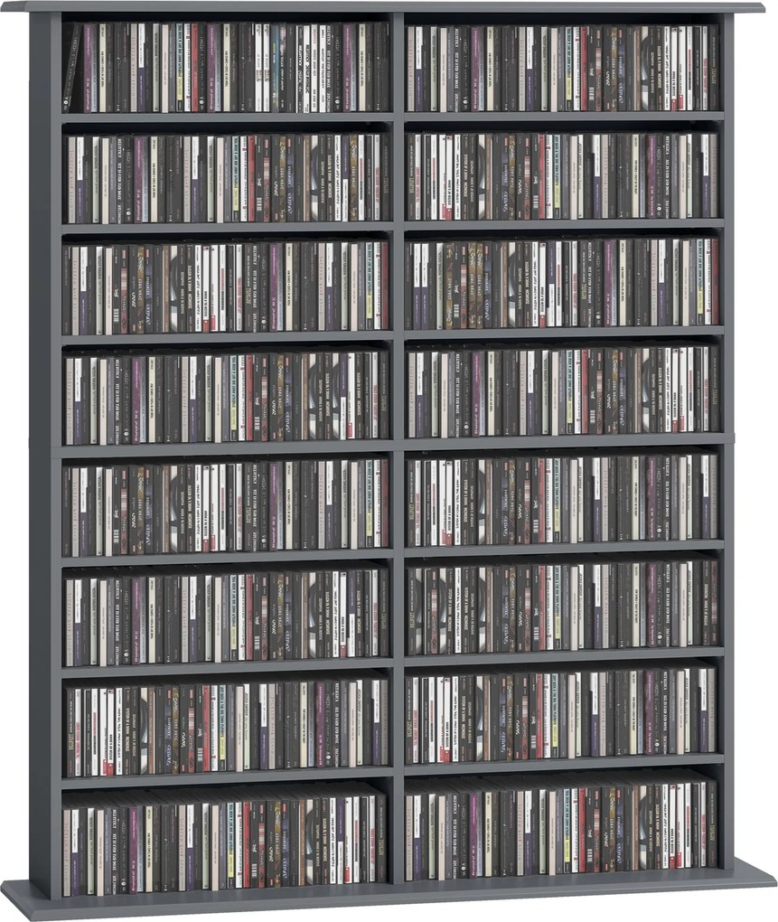 HOMCOM úložný prostor na CD a DVD s 16 přihrádkami a 12 nastavitelnými policemi, maximální kapacita 720 CD/396 DVD a Blu-ray, šedá
