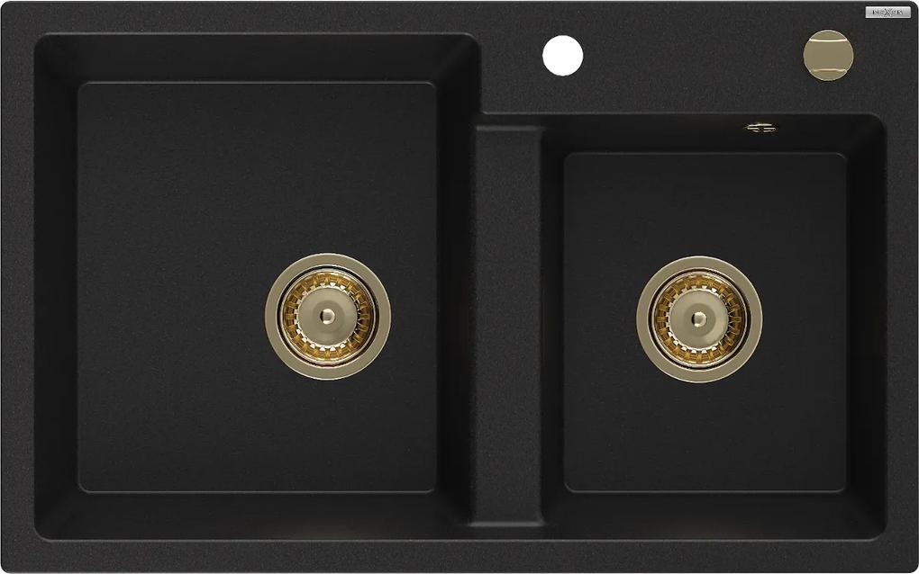 Mexen Tomas, granitový dřez 800x500x190 mm, 2-komorový, černá se zlatým sifonem, 6516802000-77-G