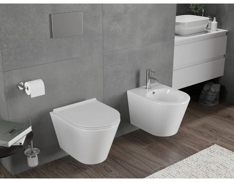 Mexen Rico, závěsná WC mísa 490x360x370 mm, Rimless Tornádo + WC sedátko z duroplastu, bílá lesklá, 30720500T
