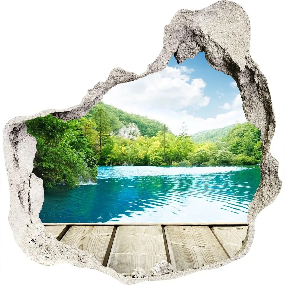 Wallmuralia Díra 3D ve zdi nálepka Vodopád v lese 75x75 cm
