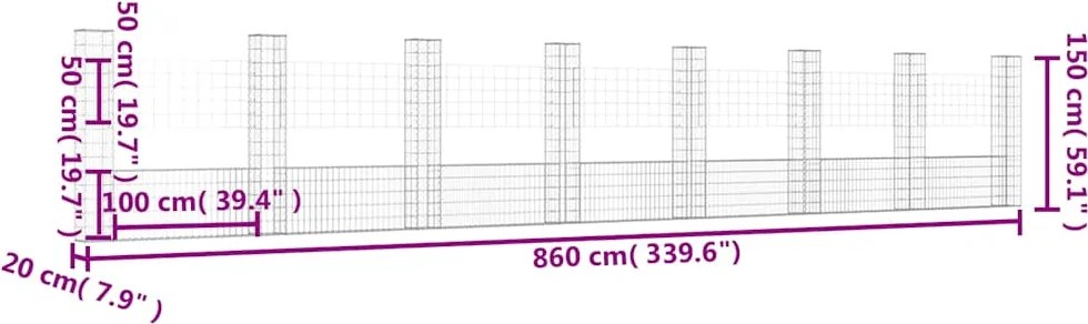 Gabionový koš ve tvaru U s 8 sloupky železo 860 x 20 x 150 cm 151288