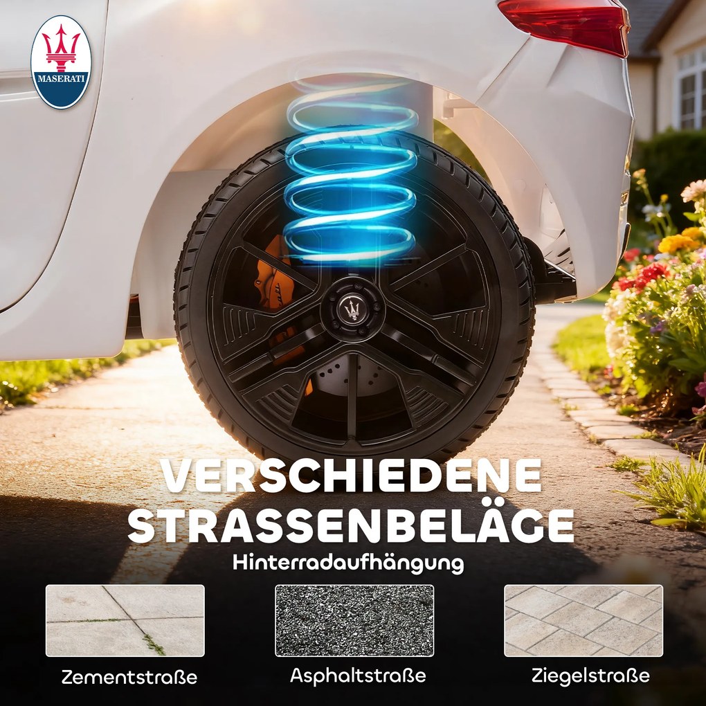 AIYAPLAY Dětské elektroauto Maserati, dvoumístné, 12V napájení z baterie, dálkové ovládání, LED světla, hudební funkce, bílé
