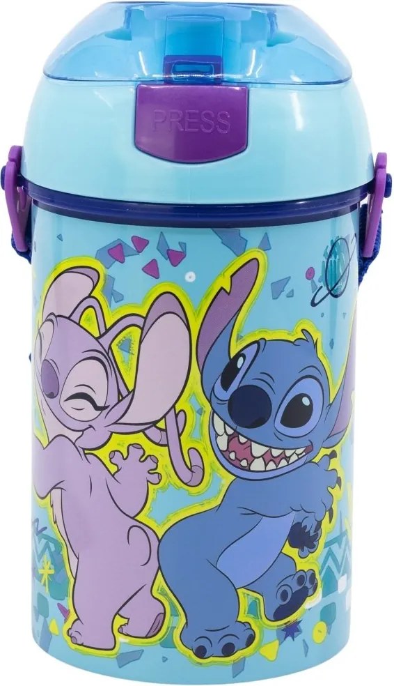 Plastová láhev na pití s brčkem a víčkem Stitch &amp; Angel - 450 ml