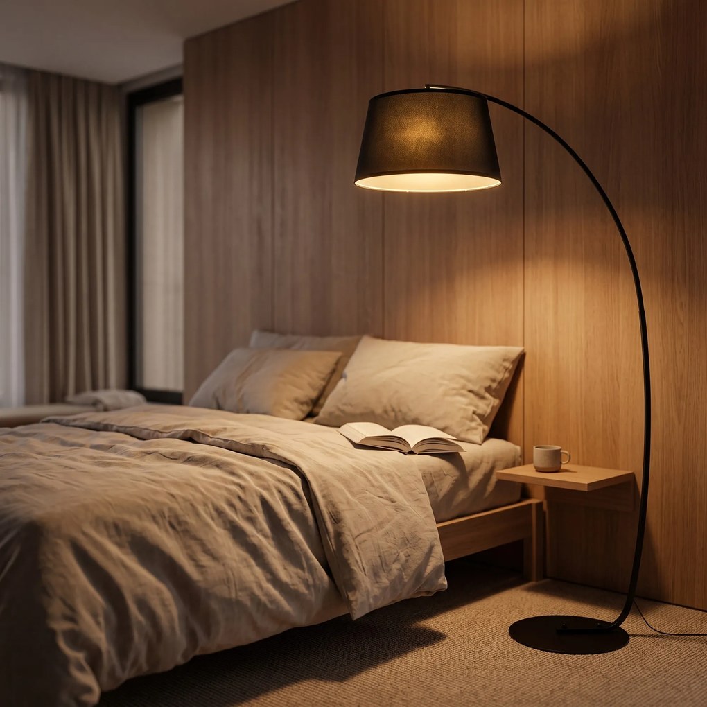 HOMCOM Stojací lampa, zakřivená stojací lampa s látkovým stínidlem, podlahová lampa s kulatou základnou, kov, 105D x 47Š x 190V cm, černá