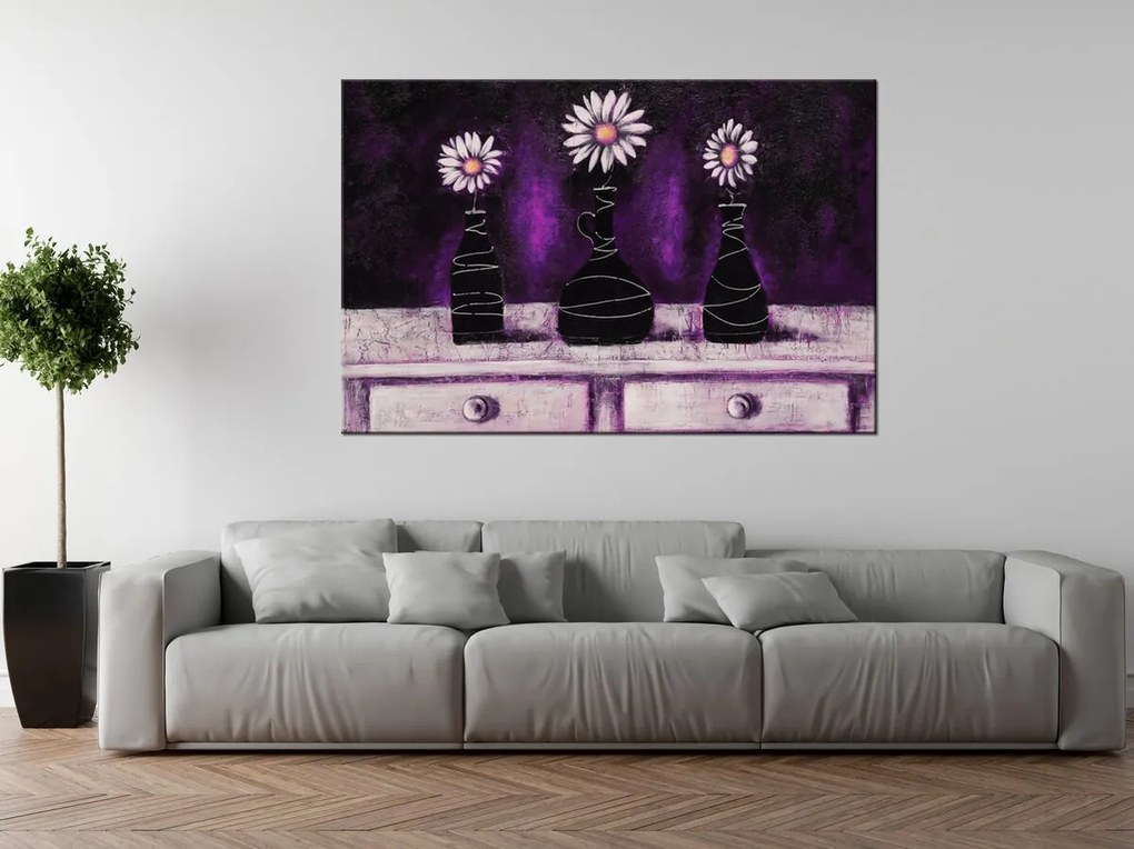 Gario Ručně malovaný obraz Kopretinové fialové trio Rozměry: 70 x 100 cm