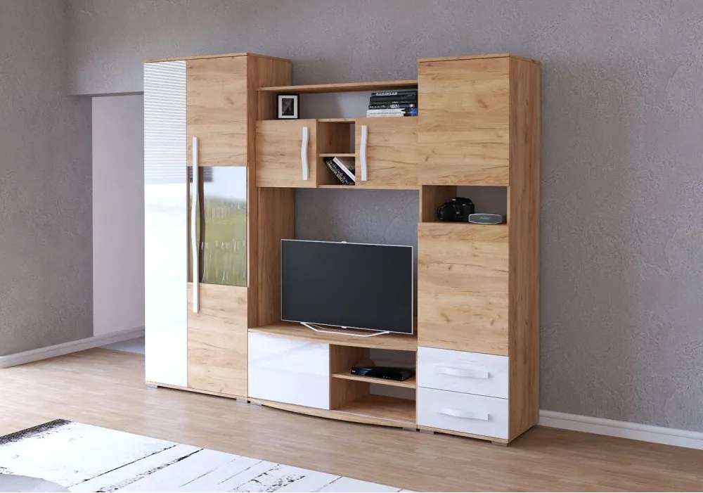 Obývací stěna LAURIN mini – zlatý dub / bílý lesk do menšího obýváku