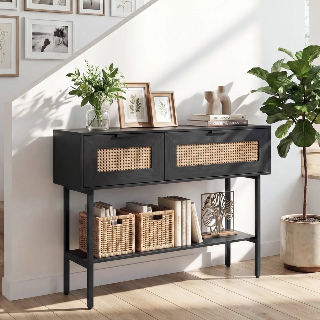 Costway Boho console table with 2 compartments a open shelf. Narrow hallway