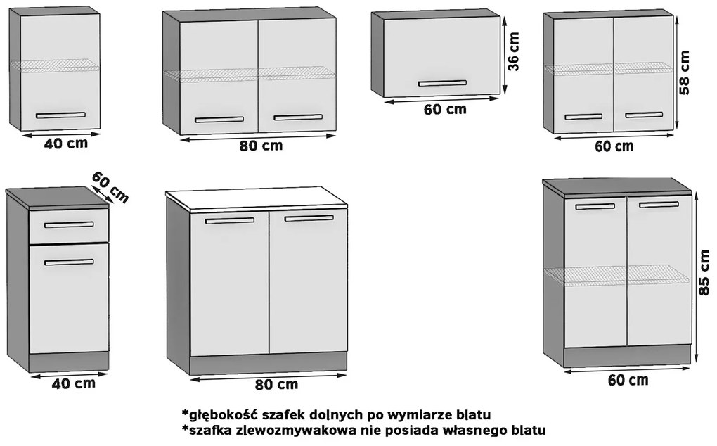 Kuchyňská linka Belini 240 cm bílý lesk s pracovní deskou Uniqa2 INF UNIQA2/5/WT/W/0/B1