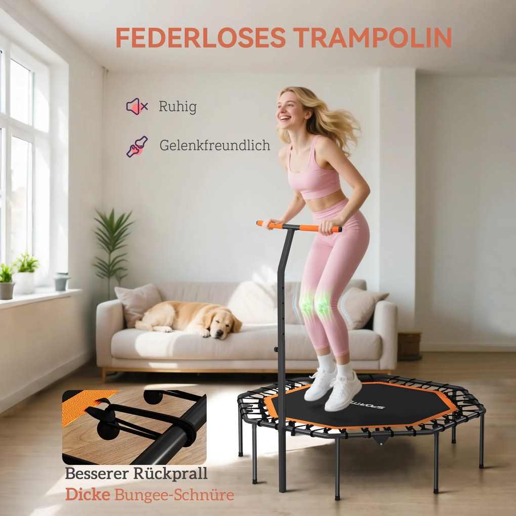 Fitness trampolína, tréninková trampolína s nastavitelnou rukojetí, stabilní a tichá, pro interiér, ocel, oranžová