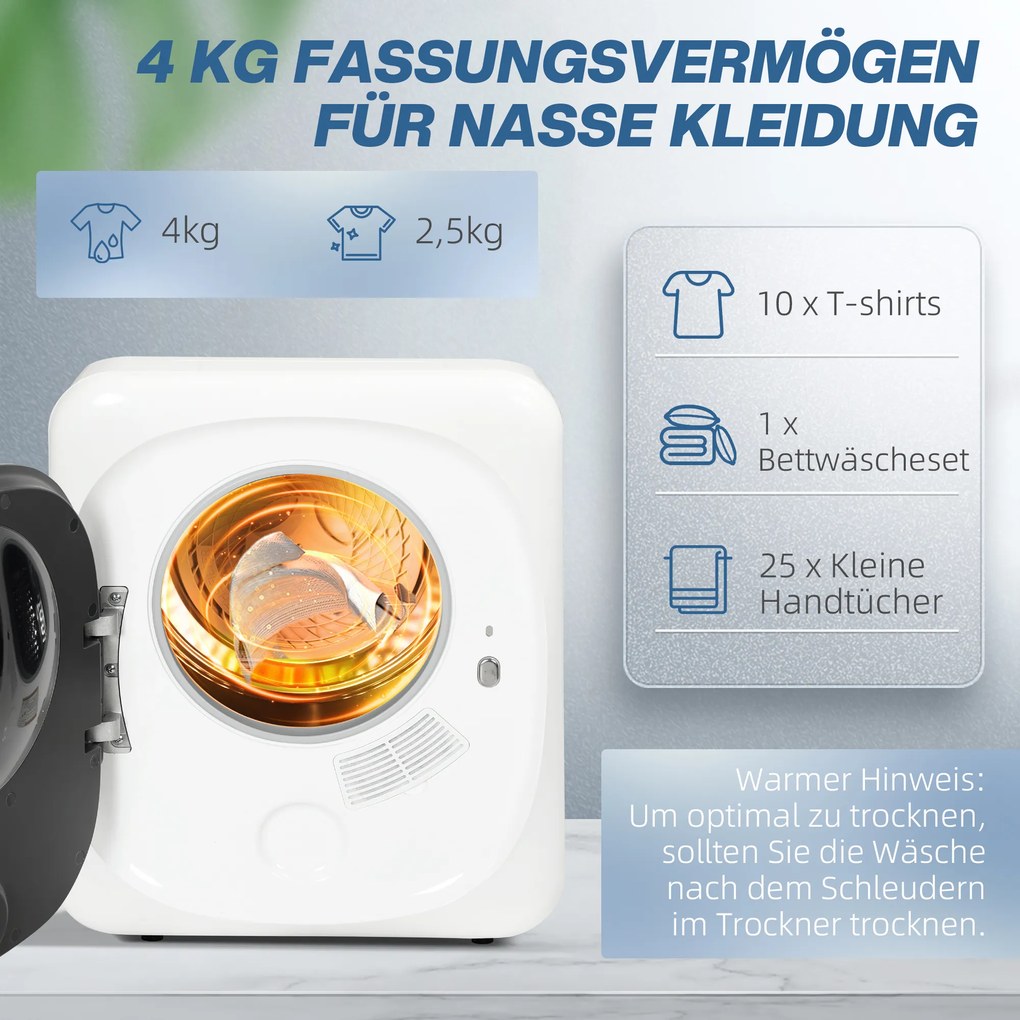 HOMCOM Sušička vzduchu s odsáváním 4 kg prádla, s dezinfekcí, dezodorizací, inteligentní režim, sušička s nerezovým zásobníkem, přední plnění, pro by…