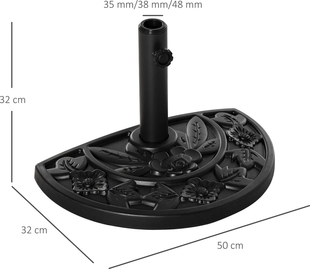 Stojan na slunečník Outsunny 9kg podstavec na zahradní slunečník s motivem květin pro tyče slunečníku Ø35/38/48 mm, HDPE, půlkruhový, černý | Aosom.de