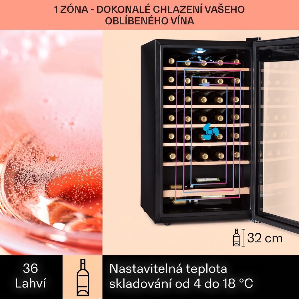 Klarstein Vinamour 32 Uno, vinotéka, 95 l/36 lahví, 1 zóna, 4-18 °C, dotykové ovládání