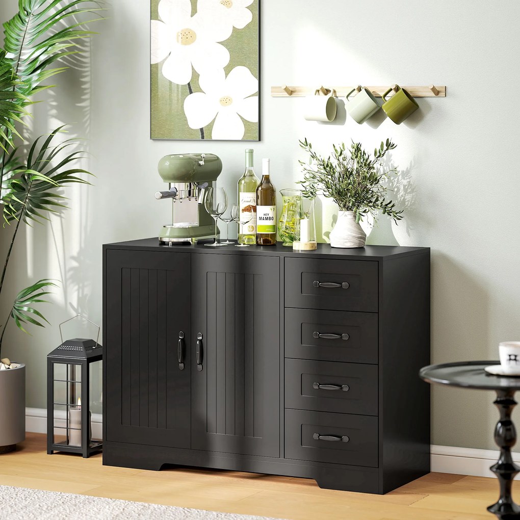 HOMCOM Sideboard, komoda, moderní styl, 4 zásuvky, 1 skříňka, 105 x 40 x 76 cm, černá