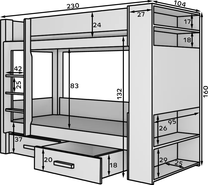 ADRK Patrová postel GARET, CH-Gar-W+ANT-230+M-E2124, 200x90 cm s matrací, bílá/antracit