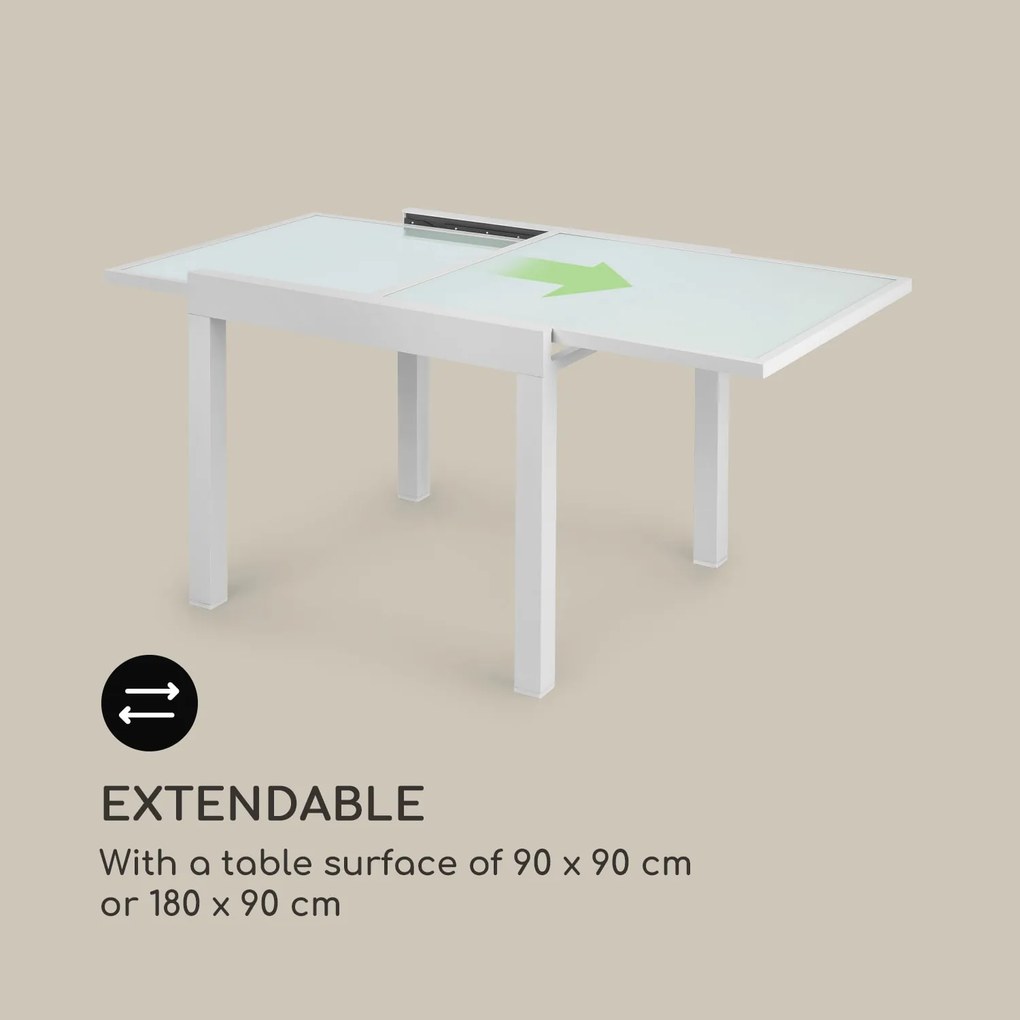 Blumfeldt Pamplona Extension, zahradní stůl, 180 x 83 cm max., hliník, sklo, bílý