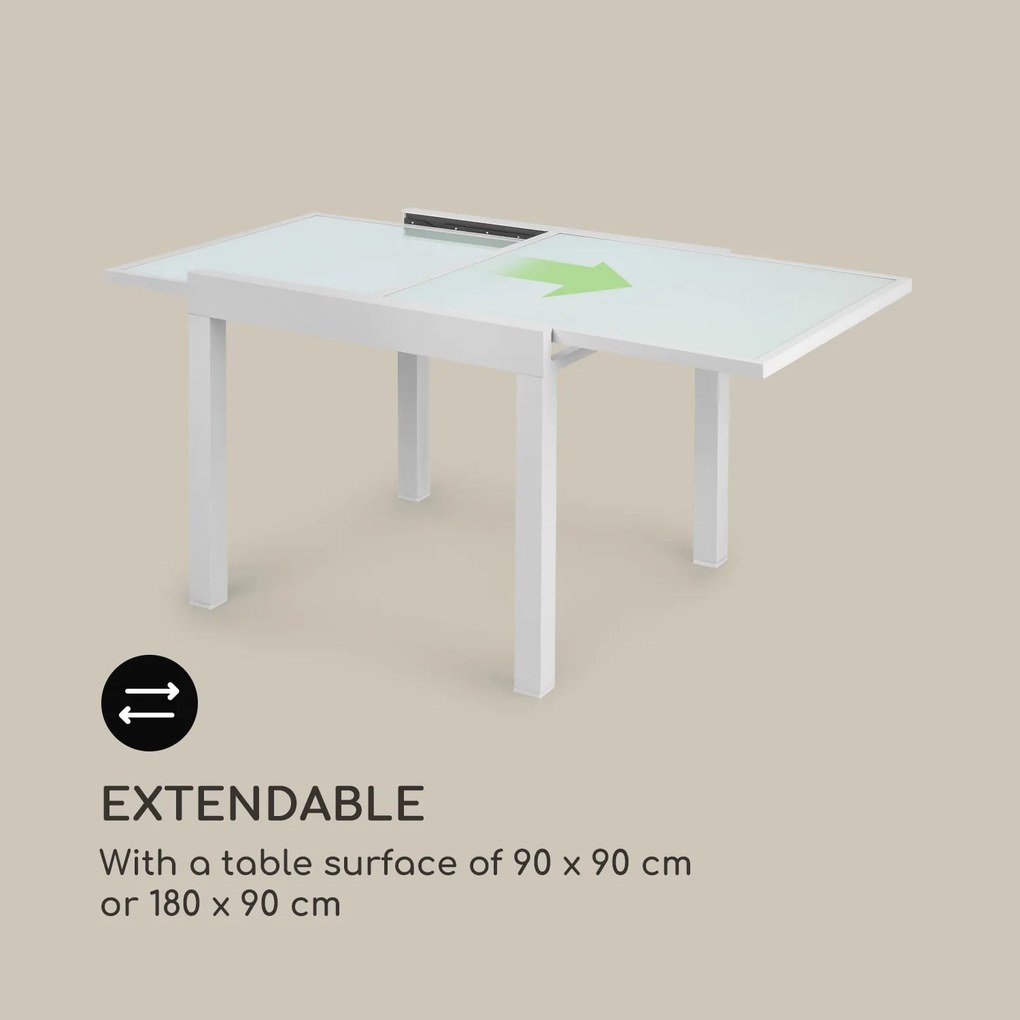Pamplona Extension, zahradní stůl, 180 x 83 cm max., hliník, sklo, bílý