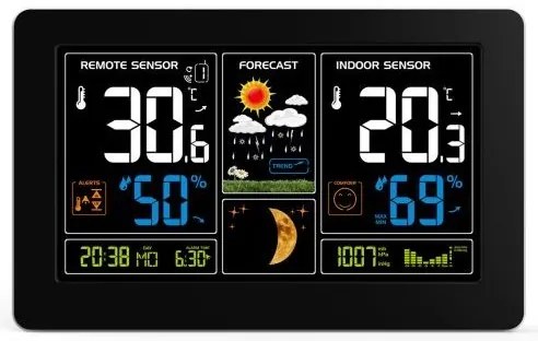 SOLIGHT Bezdrátová meteostanice, extra velký barevný LCD, teplota, vlhkost, tlak, RCC, USB , TE81