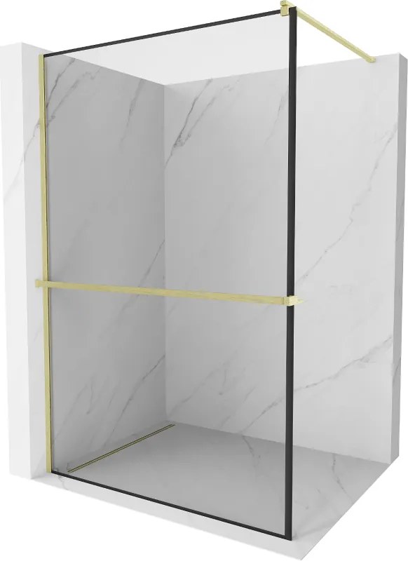 Mexen Kioto+, sprchová zástěna Walk-In s poličkou a věšákem 70 x 200 cm, 8mm čiré sklo černý vzor, ​​zlatý matný profil, 800-070-121-55-70