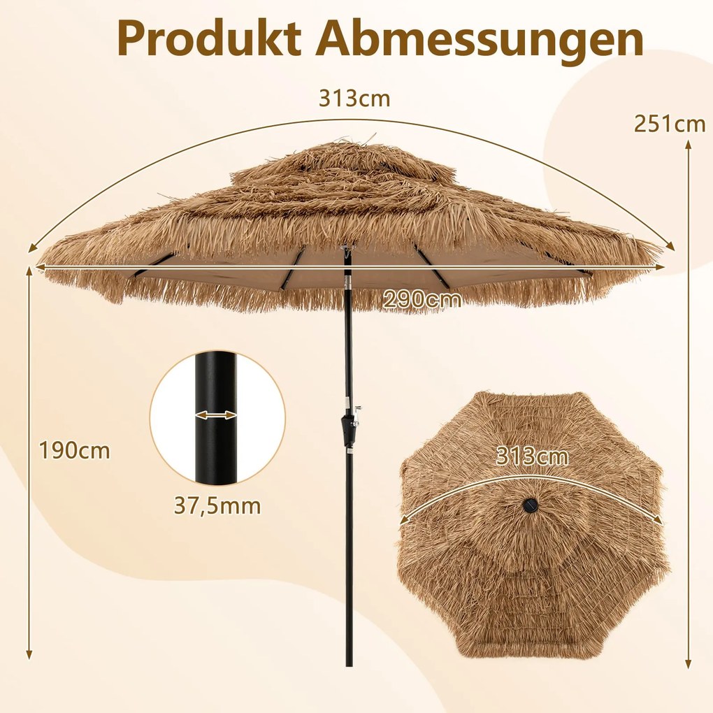 Costway Havajský slunečník 300 cm s 32 LED osvětlením z rýžové slámy s funkcí