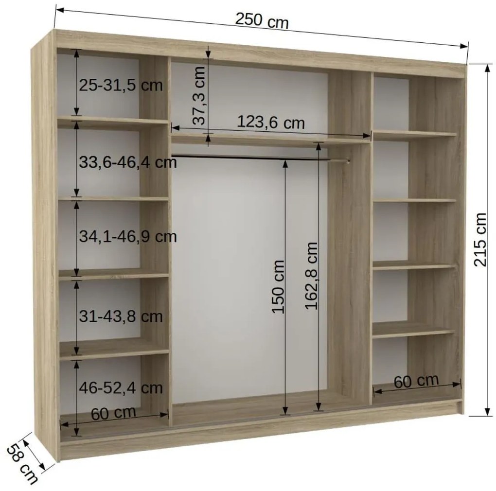 Šatní skříň s posuvnými dveřmi Chester - 250 cm Barva: Choco