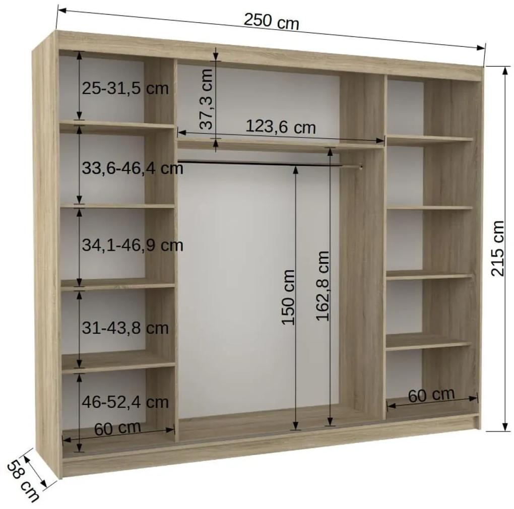 Šatní skříň s posuvnými dveřmi Chester - 250 cm Barva: dub Sonoma/Bílá