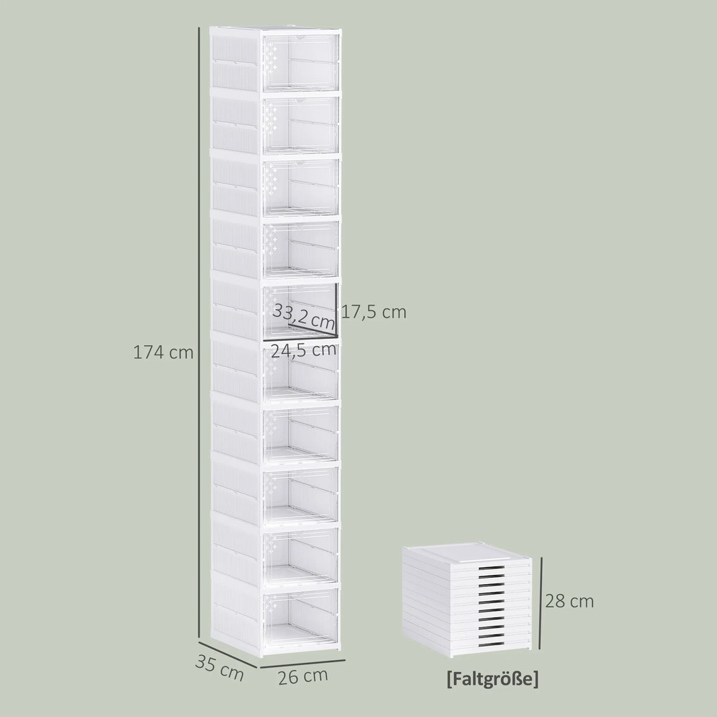 HOMCOM Sada 10 skládacích botníků, stohovatelné plastové úložné boxy na boty s víky, úložný prostor pro boty až do velikosti 43, bílá, 26x35x174cm