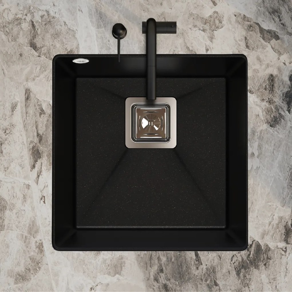 Sink Quality Argon 50, kuchyňský granitový dřez 420x420x225 mm + chromový sifon, bílá, SKQ-ARG.W.1KBO.50.X