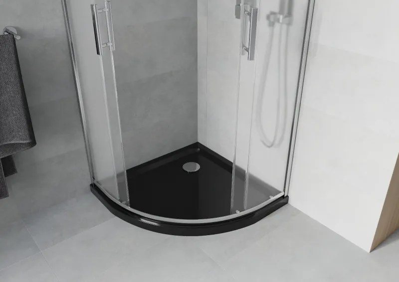 Mexen Rio, čtvrtkruhový sprchový kout s posuvnými dveřmi 90 x 90 cm, 5mm sklo námraza, chromový profil + černá sprchová vanička, 863-090-090-01-30-4170
