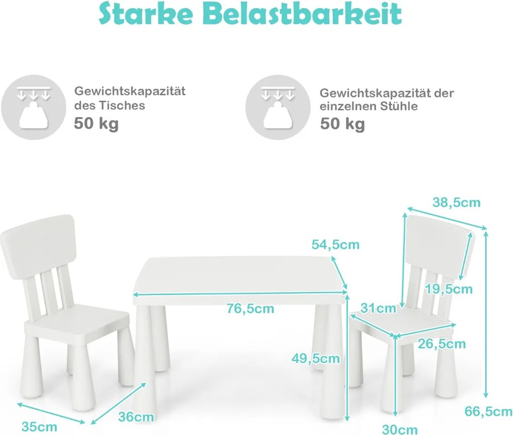Costway 3 PCS. Kindersitzgruppe Kindertisch mit 2 Stühlen Kindermöbel aus – bílý