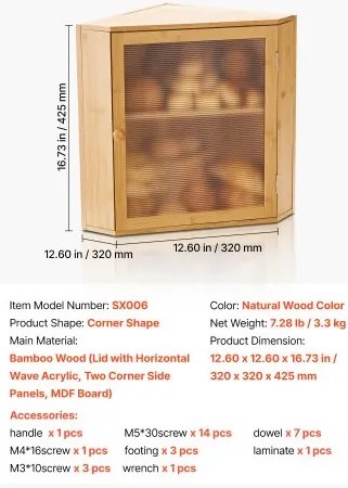 Rohový chlebník na kuchyňskou linku VEVOR, 320x320x425 mm – Přírodní barva dřeva