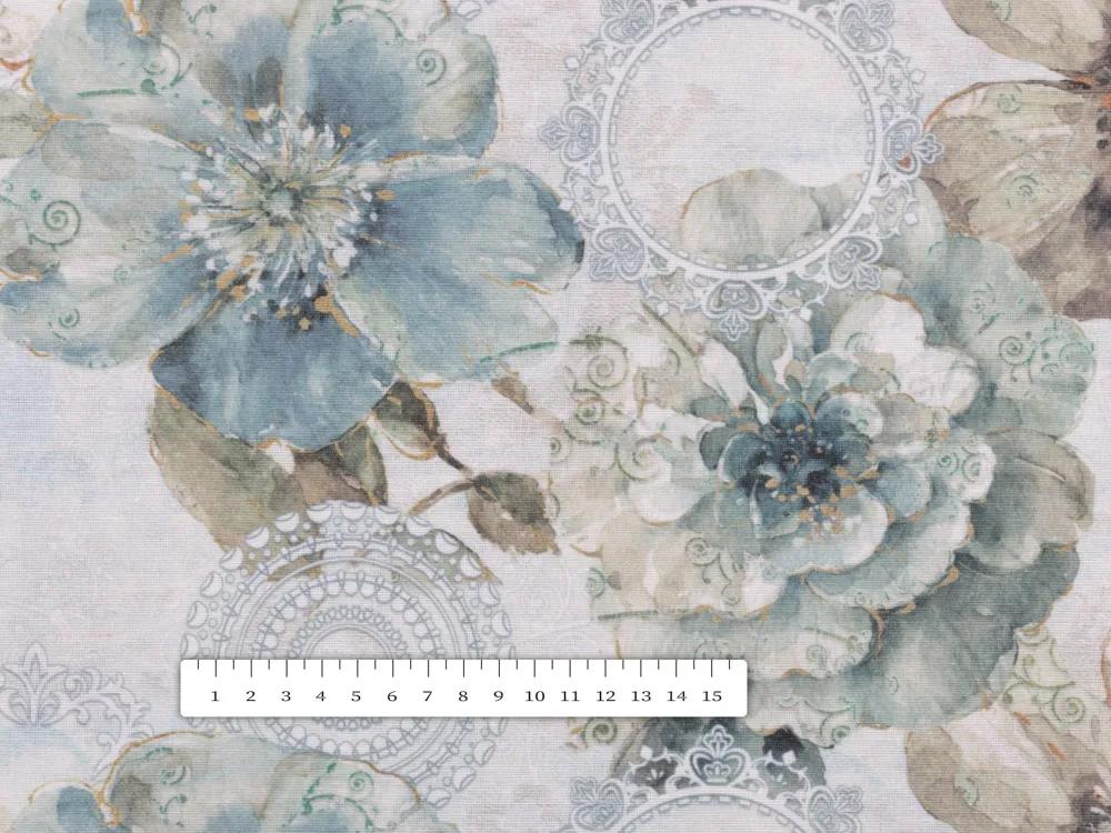 Biante Dekorační běhoun na stůl PML-052 Tyrkysové květy s orientálními kruhy 20x140 cm