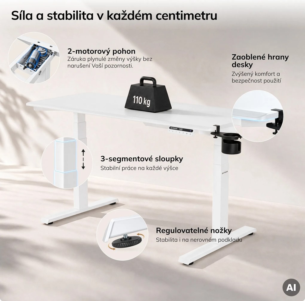 Elektrický stůl s nastavitelnou výškou ergonomický bílý,1600x800 mm: ARIA