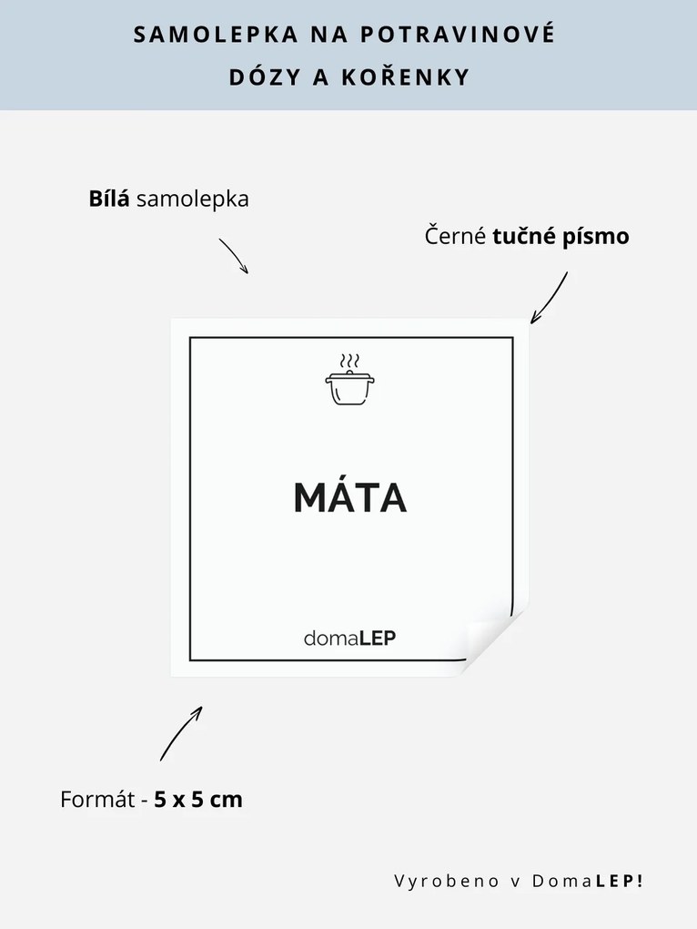 Samolepka na kořenky MÁTA bílá 5 × 5 cm tučné písmo