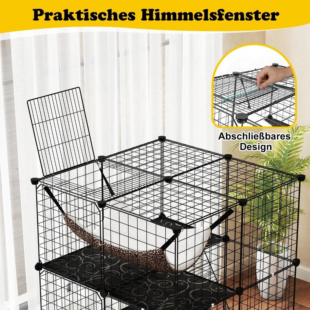 Costway Klec pro kočky 3patrový velký výběh pro kočky s houpací sítí 2 žebříky