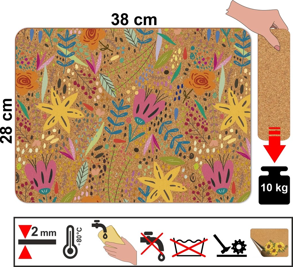 PokojovaDekorace.cz, Korkové prostírání s potiskem - 527, kytky, 38x28 cm, 1 ks
