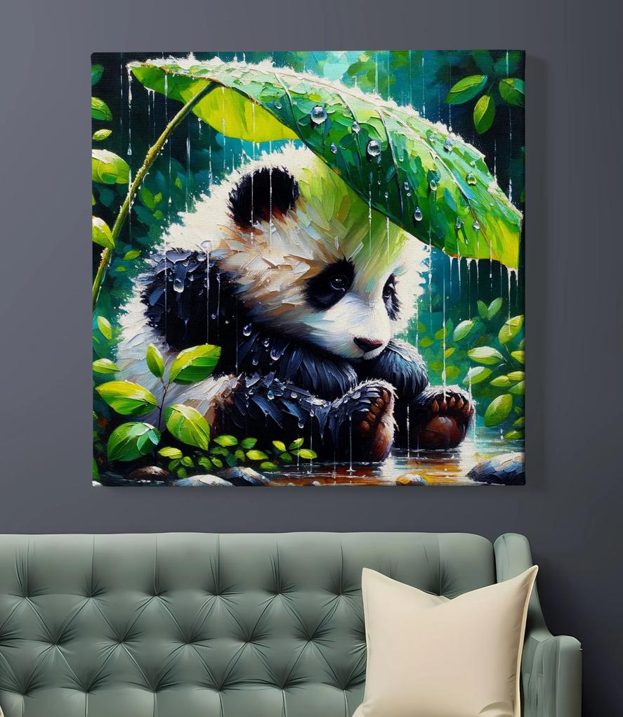 Obraz na plátně - Panda čeká, až přestane pršet FeelHappy.cz Velikost obrazu: 100 x 100 cm