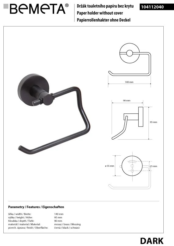 Bemeta Design DARK: Držák toaletního papíru, bez krytu -