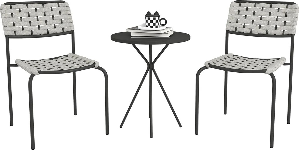Sada zahradního nábytku Outsunny Poly Rattan, venkovní lounge nábytek pro 2 osoby, 3dílná sedací souprava se 2 stohovatelnými židlemi a stolem, odolný